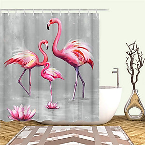 RnnJoile Flamingo Shower Curtains for Bathroom Tropical Shower Curtain Pink and Gray Fabric Bathroom Decor with Hooks 72"X72" Inches