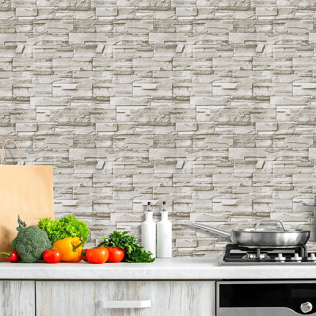 WENMER Beige Stone Peel and Stick Wallpaper 17.7" x 118" 3D Wallpaper Faux Brick Wallpaper Textured Stone Wall Paper Brick Self Adhesive Removable Wallpaper for Kitchen Backsplash Walls