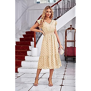 Womens Summer Dresses 2023 V Neck Ruffle Sleeve Polka Dot Dress A-Line Flowy Split Tiered Party Wedding Guest Dress Beige Dress L