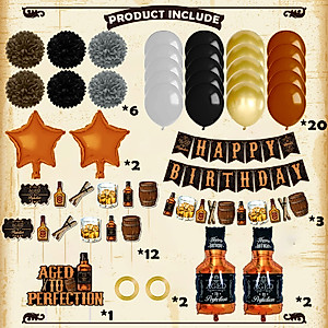 BORAMDO Whiskey Birthday Party Decorations for Men, Aged to Perfection Party Supplies including Whiskey Birthday Banner, Cake Toppers, Whiskey Foil Balloons, Tissue Paper Flowers (brown)
