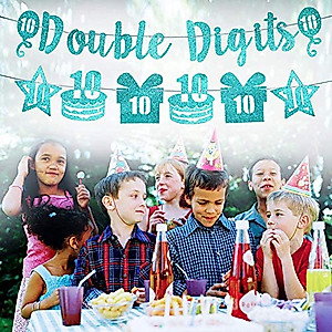 Excelloon Double Digits Banner 10th Birthday Decorations - Green Glitter Ten Years Old Birthday Banner Cake Gift Star Decorations - Happy 10 Year Old Birthday Party Supplies