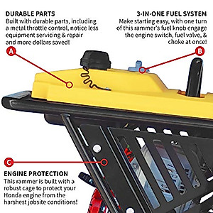Tomahawk 4 HP Honda Vibratory Rammer Jumping Jack Tamper with Honda GX120R Engine Compaction Force 3,550 lbs. per Square ft (TR68H Rammer)