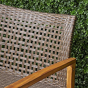 Great Deal Furniture Marcia Outdoor Wood and Wicker Sofa, Natural Finish with Mix Mocha Wicker