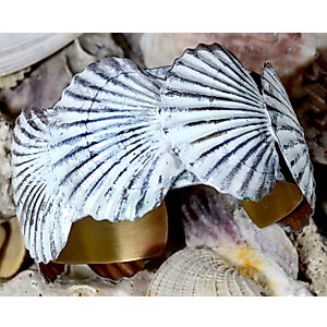Elaine Coyne Wearable Art White Chocolate Patina Brass Overlapping Scallop Shells Cuff Bracelet