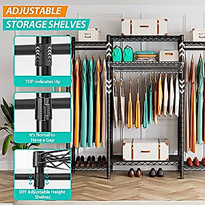 PUNION Clothing Rack Heavy Duty Clothes Rack, L Shaped Pro Garment Rack with 7 Shelves, Sturdy Metal Wardrobe Closet Rack for Hanging Clothes, 56" L x 14" W x 71" H, Max Load 520lbs, Black, GR7L