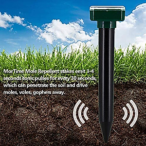 MorTime Solar Powered Mole Deterrent Spikes Outdoor Yard Gopher Vole Deterrent Ultrasonic Groundhog Stake for Lawn Garden (4 Pack)