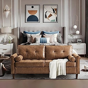 JEEOHEY Small Couch, 64 Inch Mid-Century Modern Faux Leather Upholstered Loveseat Sofa Furniture for Small Space, Living Room, Bedroom, 2 Throw Pillows, Rolled Arm, Comfy Seat & Back Cushion, Brown