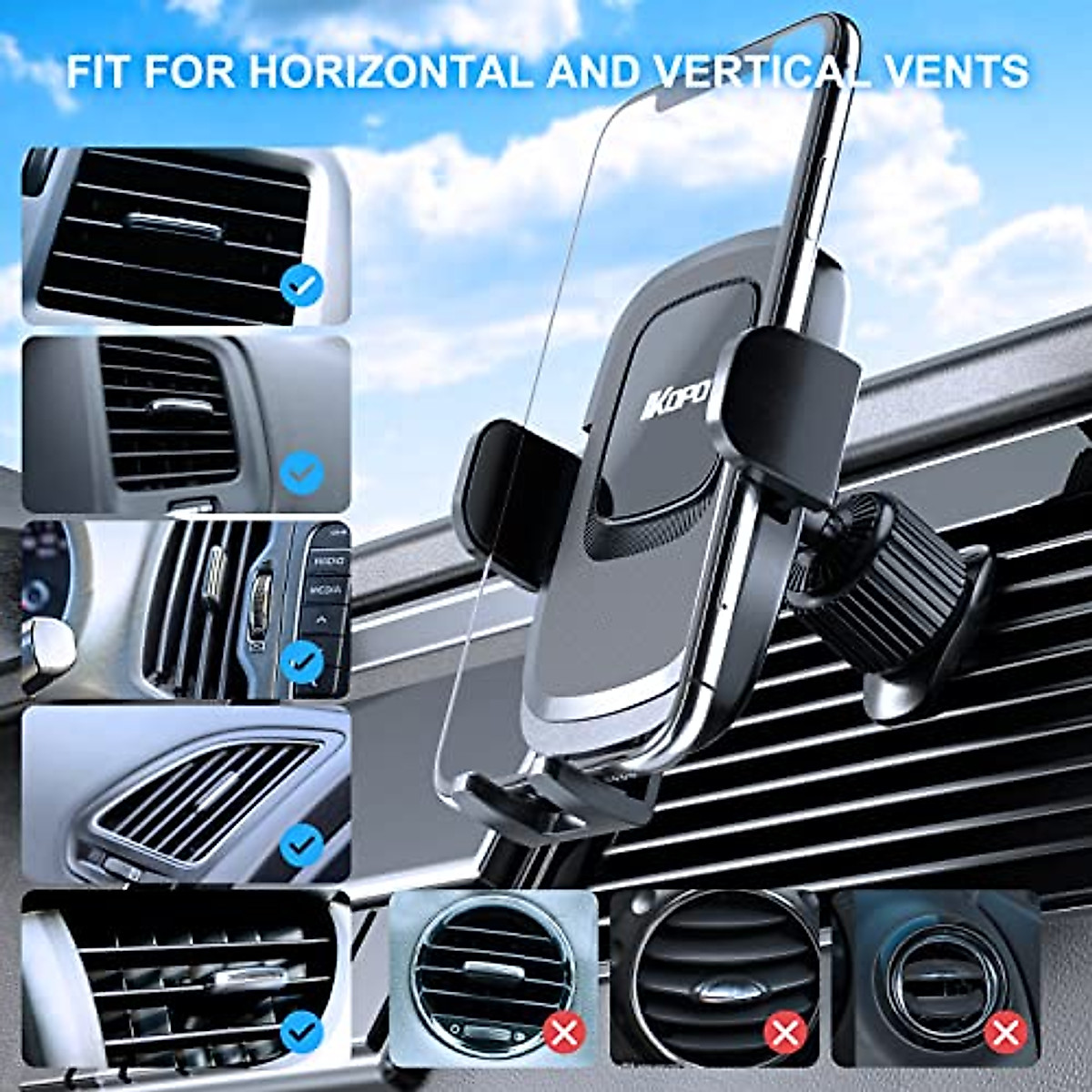 IKOPO Phone Mount for Car Vent [Upgrade Metal Hook - 100% Never Fall], Universal Car Cell Phone Holder Suitable for All iPhone, Samsung, LG and More【Fit for Big Phones & Thick Case】