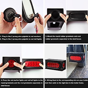Partswcgg 2Pcs Steel Trailer Lights Boxes Housing Kit w/6 Inch Oval Red LED Trailer Tail Lights 10LED and 2" Round Red LED Side Marker Lights 4LED, Grommets and Wire Pigtails Connectors Included