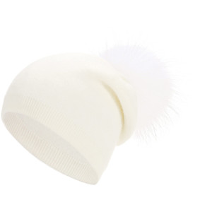 EASTER BARTHE White Cashmere Beanie Hat Women Winter Slouchy Knit Beanie Hat with White Fur Pom Pom Beanie Ski Hat Stocking Cap Hat