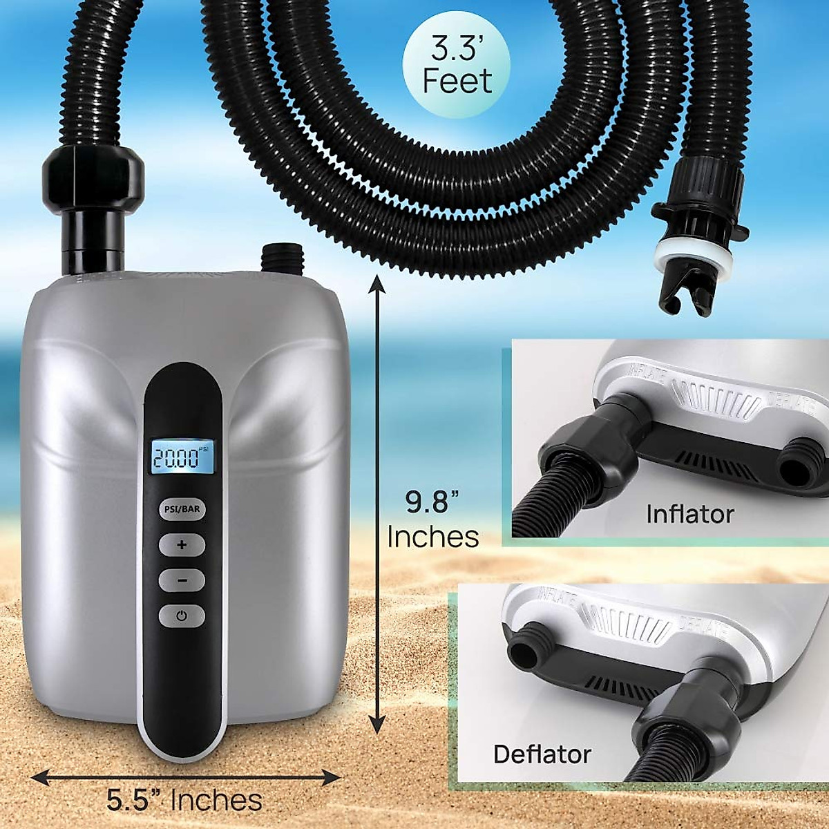 SereneLife Inflatable Paddle Board Pump Compressor - 20PSI High Pressure SUP Inflator - 12V DC Car Connector - Electric Air Pump for Paddle Boards, Boats, Rafts, Pool Toys, Water Sports