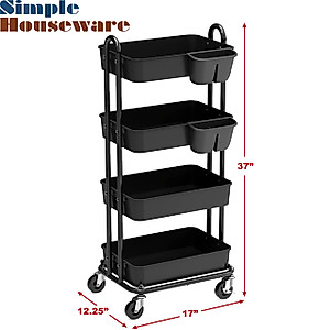 Simple Houseware 4-Tier Multifunctional Rolling Utility Cart with Hanging Buckets, Black