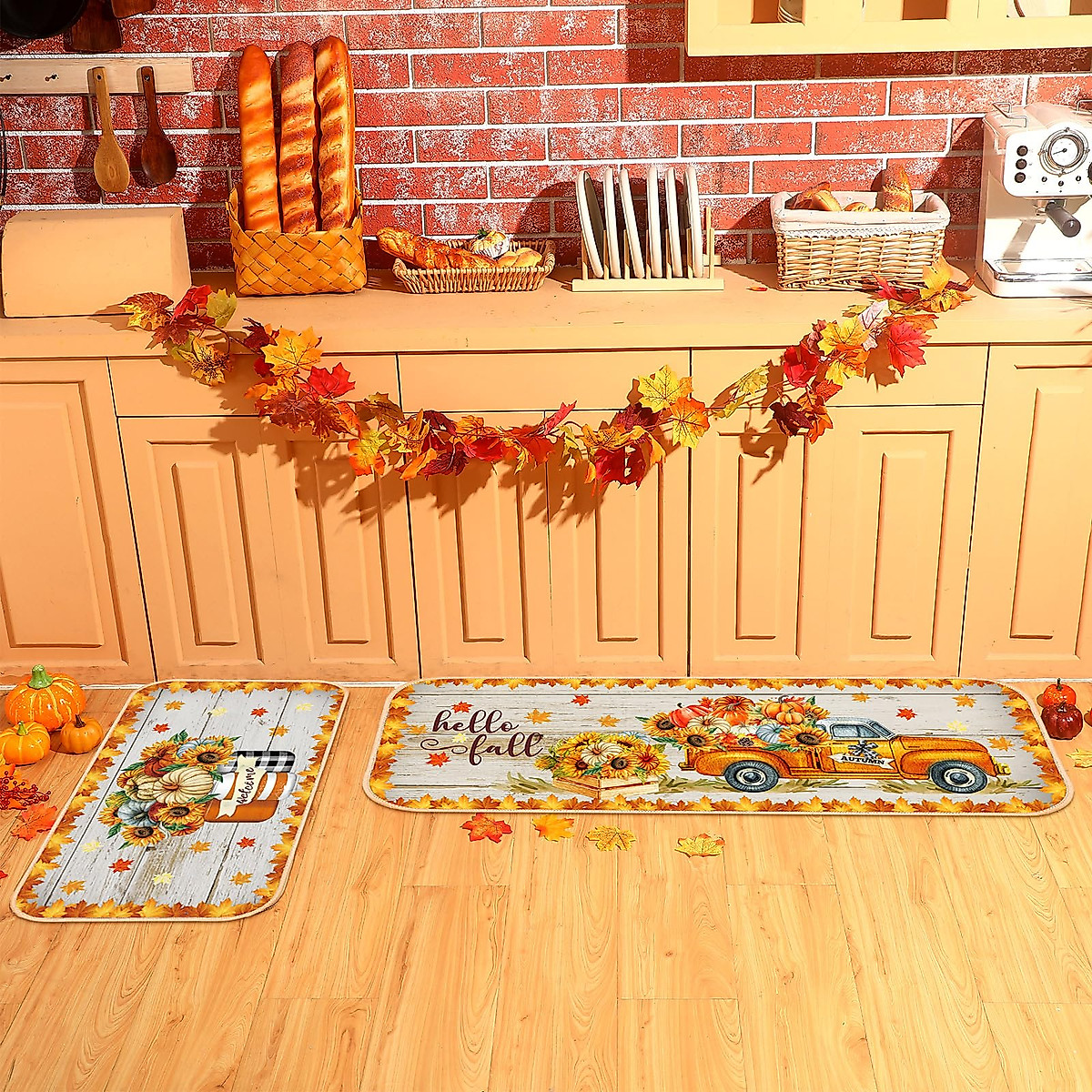 Suttmin 2 Pieces Thanksgiving Fall Kitchen Rugs Hello Fall Mats Pumpkin Sunflower Orange Maple Leaf Mat Floor Rug for Holiday Autumn Thanksgiving Home Decor, 17 x 29 Inches, 17 x 47 Inches
