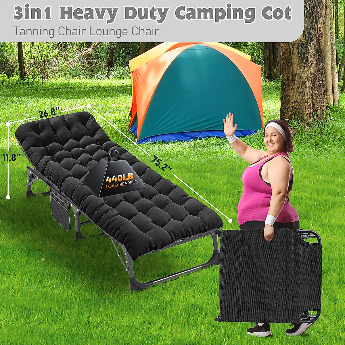 ABORON Heavy Duty Tanning Chair,Outdoor 5-Position Folding Chaise Lounge Chair with Pad,Portable Beach Lounge Chair for Outdoor Sunbathing Patio Pool Lawn Deck Poolside