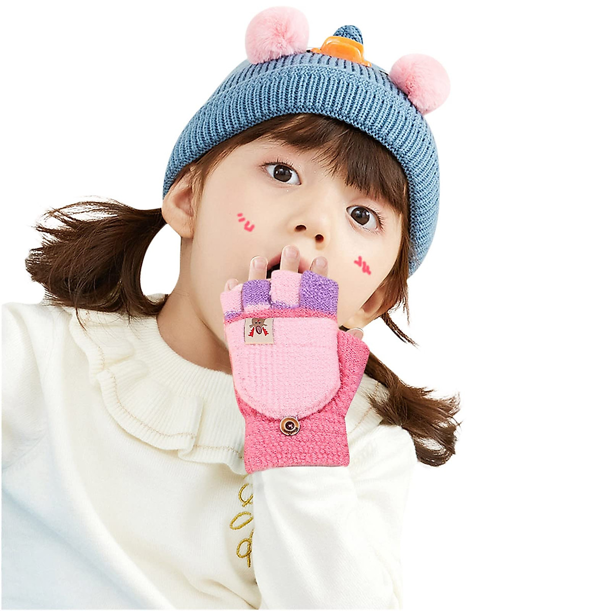Aniywn Winter Knitted Convertible Fingerless Gloves Mittens Cute Warm Mitten Gloves for 3-7 Years Old Kids Boys Girls
