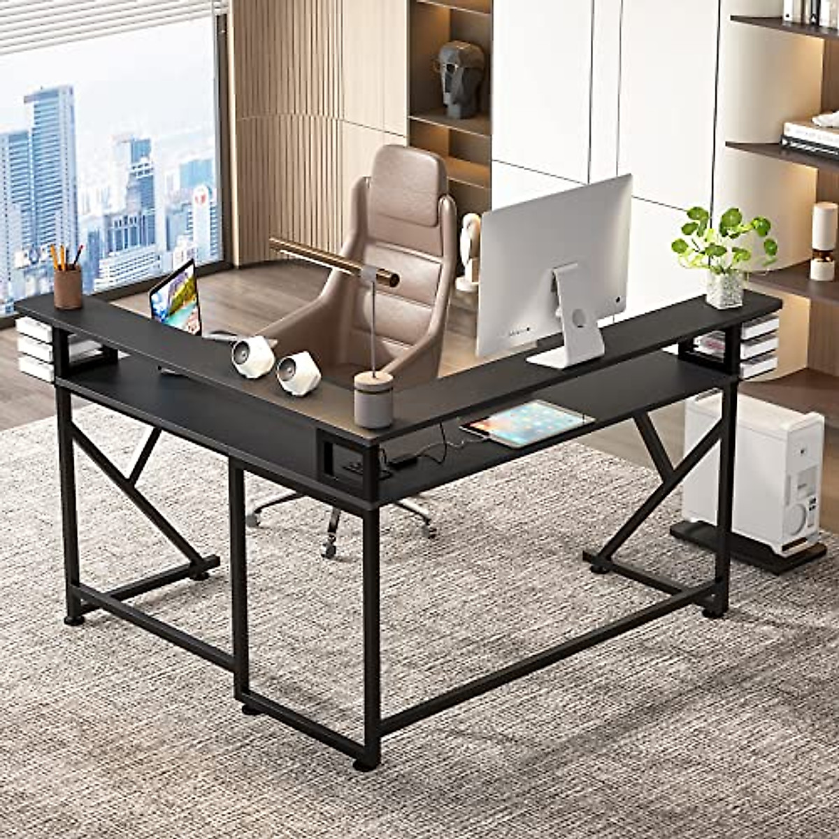 Tribesigns Computer Desk L Shaped with Led Lights & Power Outlet, 61 inch L-Shaped Computer Corner Desk with Monitor Stand, Ergonomic Home Office Gaming Desk with USB Port & Hook (Black)