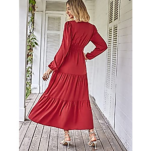 ZAFUL Women Casual V Neck Long Dress Tie Neck Solid Color High Waist Tiered Ruffle Hem A Line Swing Maxi Dresses (1-Wine, M)