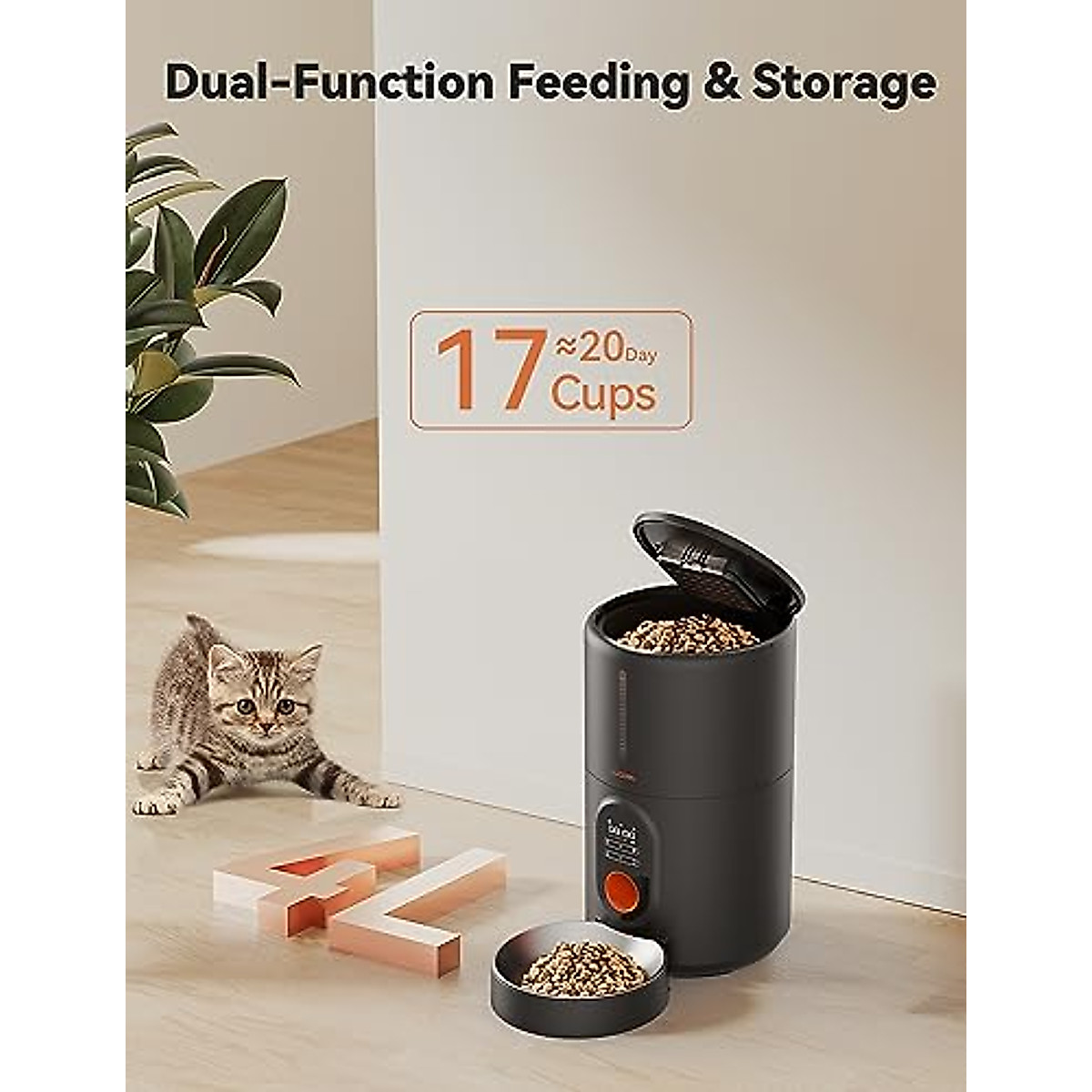 WOPET FT50 Automatic Cat Food Dispenser - Automatic Cat Feeders with Programable 1-6 Meals, Automatic Dog Feeder with Stainless Bowl, Timed Cat Feeder with 10S Voice Recorder for Cat and Dog, Black