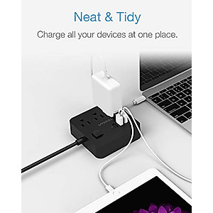 Power Strip with 3 USB 3 Outlet, Desktop Charging Station 5 ft Flat Plug Extension Cord, Small and Portable for Cruise Ship, Office, School, Black