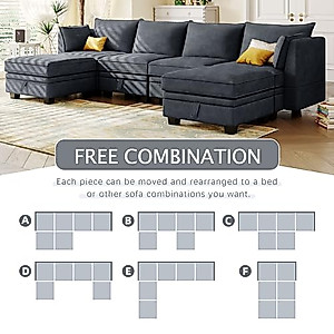 FANYE U-Shaped Oversized 6 Seaters Modular Storage Sectional Sofa with SeatStorage, L/U-Shaped Free Combination Linen Upholstered Couch Cum Daybed Convertible Sleeper Sofabed for Living Room