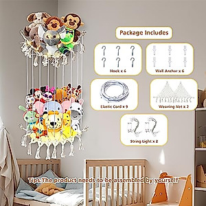 Timart Stuffed Animal Net or Hammock, Length Adjustable Stuffed Animal Storage, Corner Plush Toys Holder with Lights, Boho Mesh Decoration Hanging Toy Organizer for Kids Bedroom