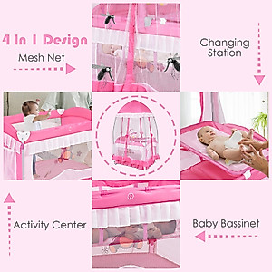 INFANS 4 in 1 Pack and Play, Portable Nursery Center Playard with Bassinet, Adjustable Canopy, Mattress, Diaper Changer, Carry Bag, Whirling Toys Music Box for Baby Boy Girl (Pink)