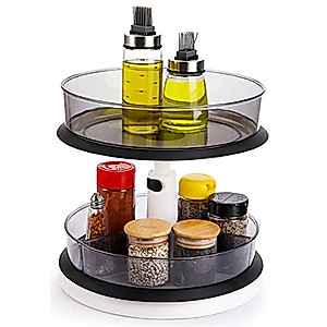 Yesland 2-Tier Lazy Susan Turntable with Large Bin and 3 Dividers, 11'' Height Adjustable Cabinet and Spice Rack Organize for Kitchen Pantry Snack Fruit Makeup(Black)