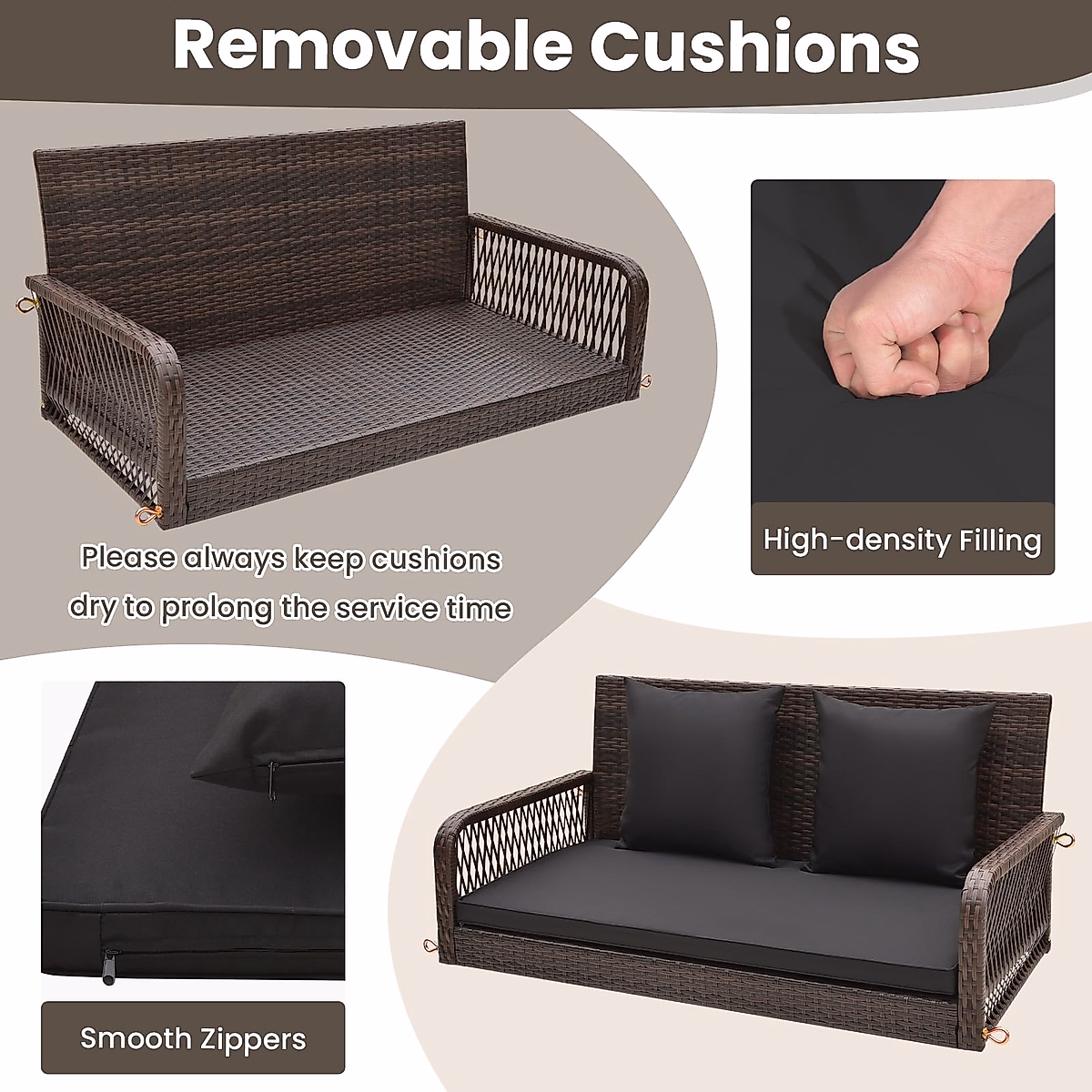 Tangkula Wicker Outdoor Porch Swing, 800 LBS Capacity Outdoor Swing Bench with Hanging Chains, Back and Seat Cushions, 2-Seater Hanging Patio Bench for Deck, Garden, Yard (Black)