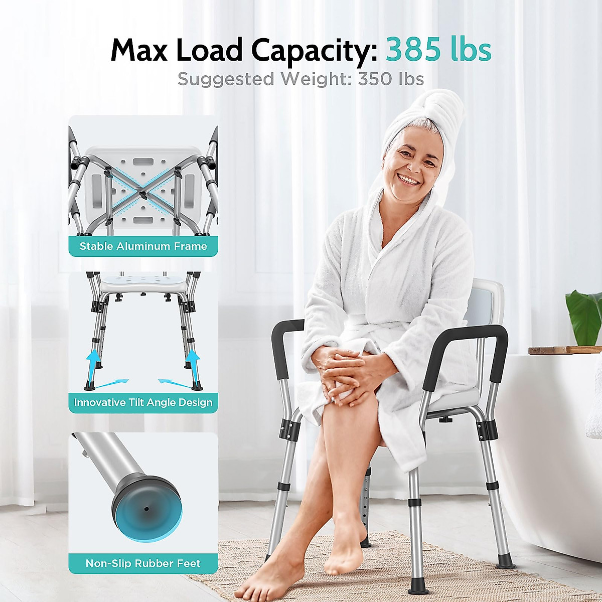 Kicimpro HSA/FSA Eligible Shower Chair for Elderly and Disabled, 385LB Heavy Duty Shower Chair for Inside Shower, 6 Adjustable Height for 5'1"-6'4" User, Shower Seat with EVA Pad, 10 mins installation