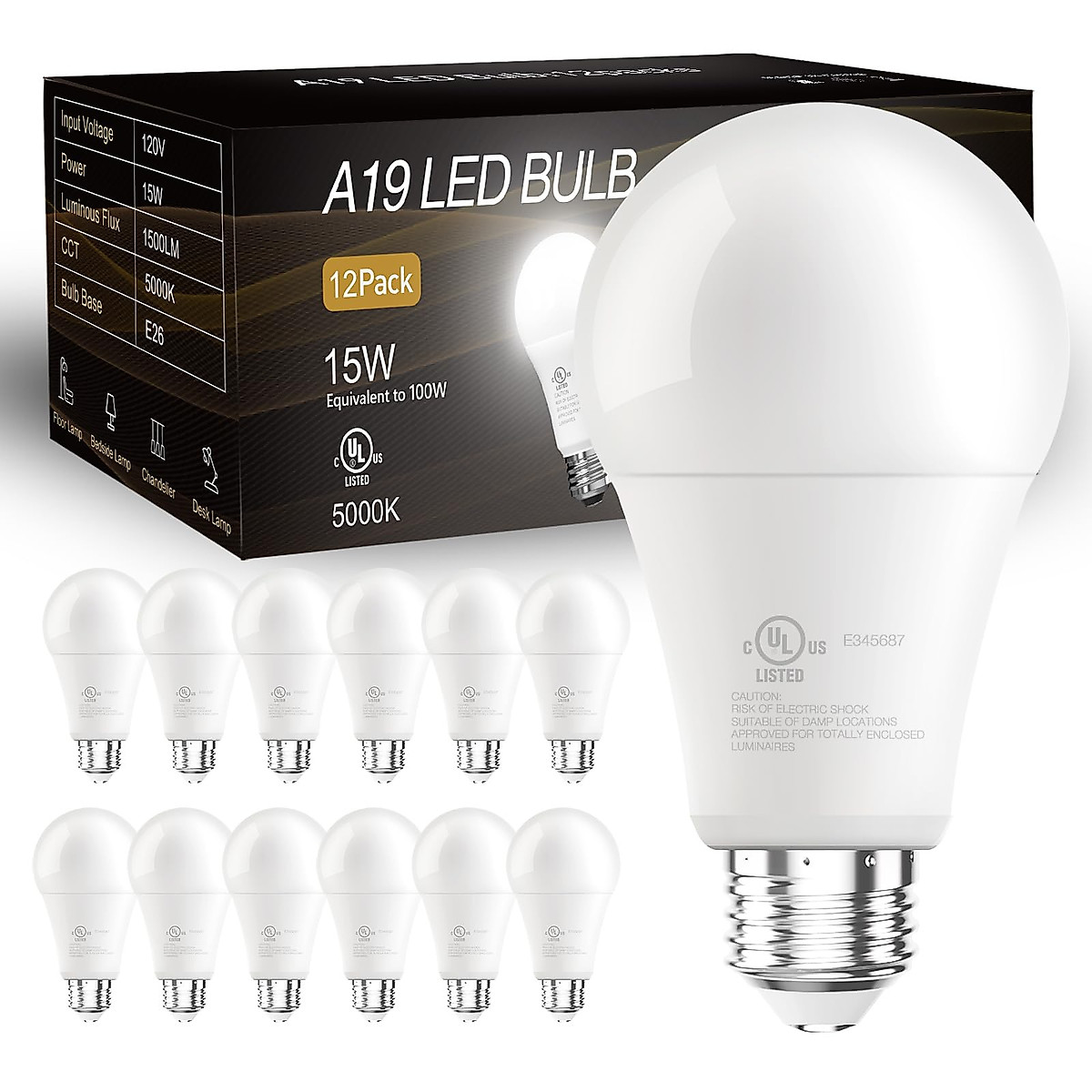 DAYBETTER 12 Pack A19 LED Light Bulbs, 100 Watt Equivalent LED Bulbs, Long Lifespan High Brightness 1500LM Daylight White 5000K, E26 Standard Base Light Bulbs for Home Office, Non-Dimmable