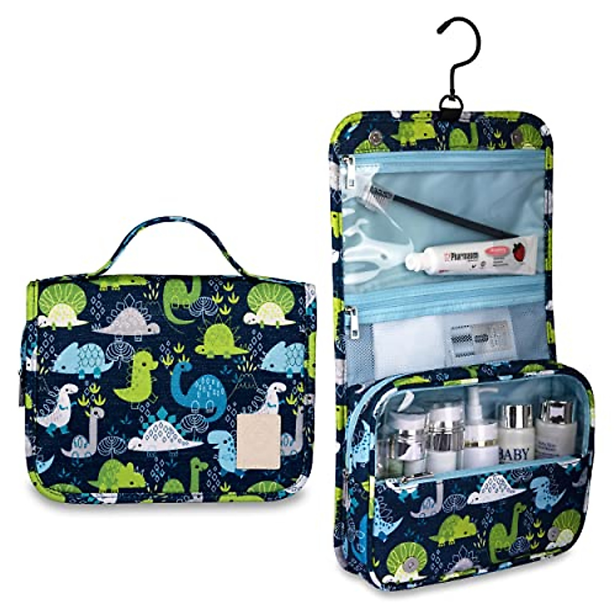 Eudora Hanging Travel Toiletry Kit Bag for Men and Boys, Waterproof Travel Organizer, Cute Dinosaur Snake Cartoon Cosmetic Weekender Bag with 360 Rotatable Hook (Blue)