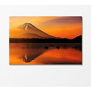Silhouette of Three Fishermen on Boats on Shoji lake Japan Canvas Print 1 Panel / 36x24 inches