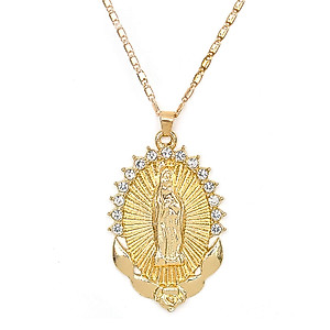SIPELATY 18K Gold Plated Virgin Mary Pendant Necklace Crystal Rhinestone Encircled Miraculous Medal Pendant Necklace For Women