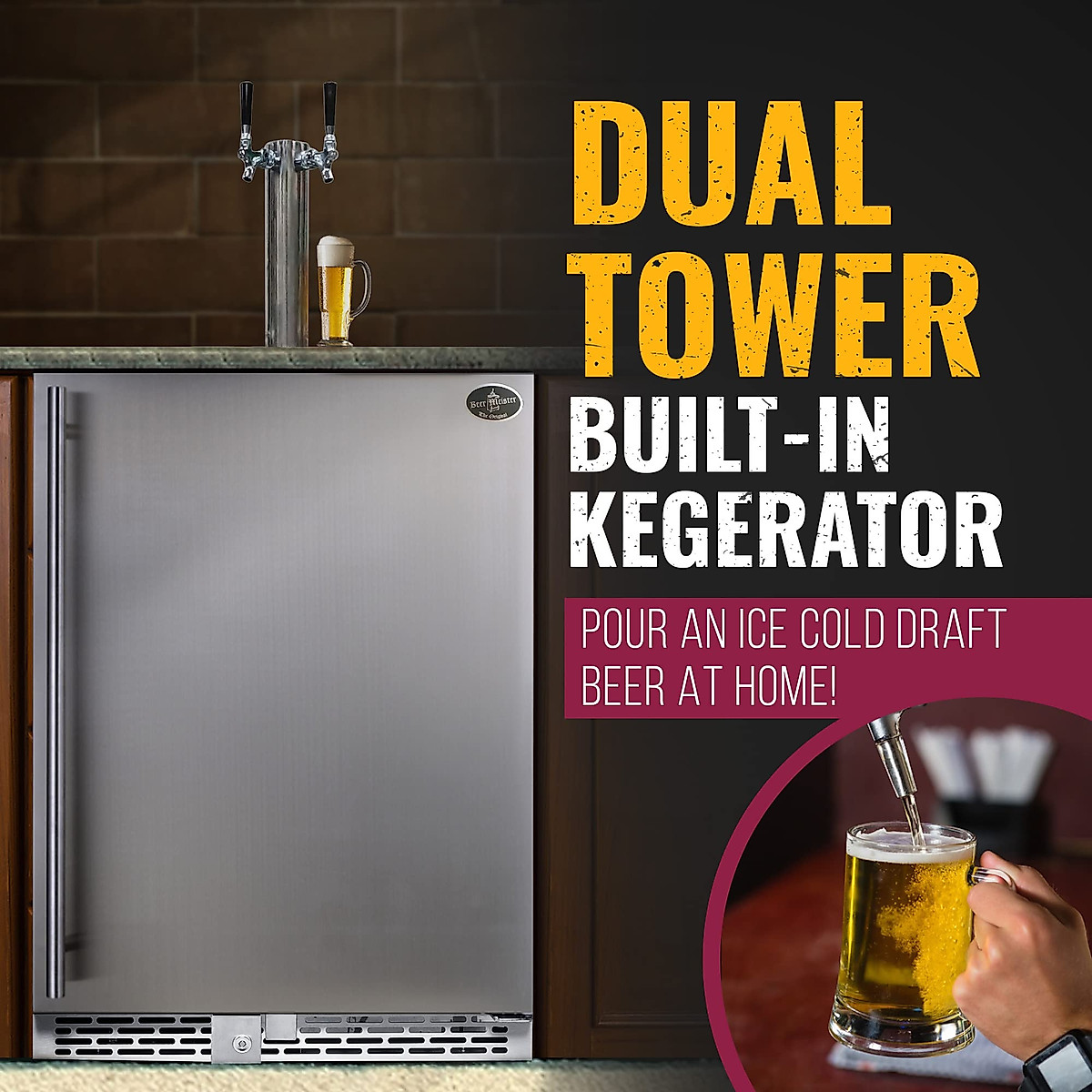 Beer Meister - Beer Kegerator, Draft Beer Dispenser For Home Bar, Beer, Wine, & Bar Soda Dispenser System, Dual Tower w/Stainless Door, Built-in Premium Series, 24.88 x 23.88 x 34.38 inches