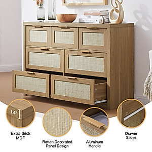 OAKHAM HOME 7 Drawer Dresser, Large Dresser for Bedroom, Rattan Chests of Drawers with Metal Handle and Wide Drawers, Wood Dressers Organizer TV Stand, 52.76" W x 17.71" D x 31.69" H