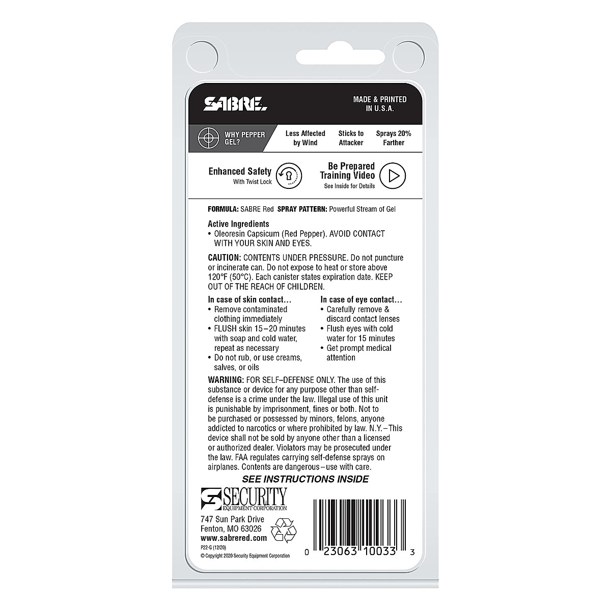 SABRE Pepper Gel with Attachment Clip, 35 Bursts (5X The Competition), 12-Foot (4-Meter) Range, Gel is Safer, UV Marking Dye, Twist Lock Safety