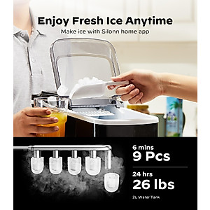 Silonn Smart Countertop Ice Maker - Compact Ice Maker with App Control, 9 Cubes in 6 Mins, 26 lbs per Day, 2 Ice Cube Sizes, Portable Ice Maker with Self-Cleaning for Kitchen/Office