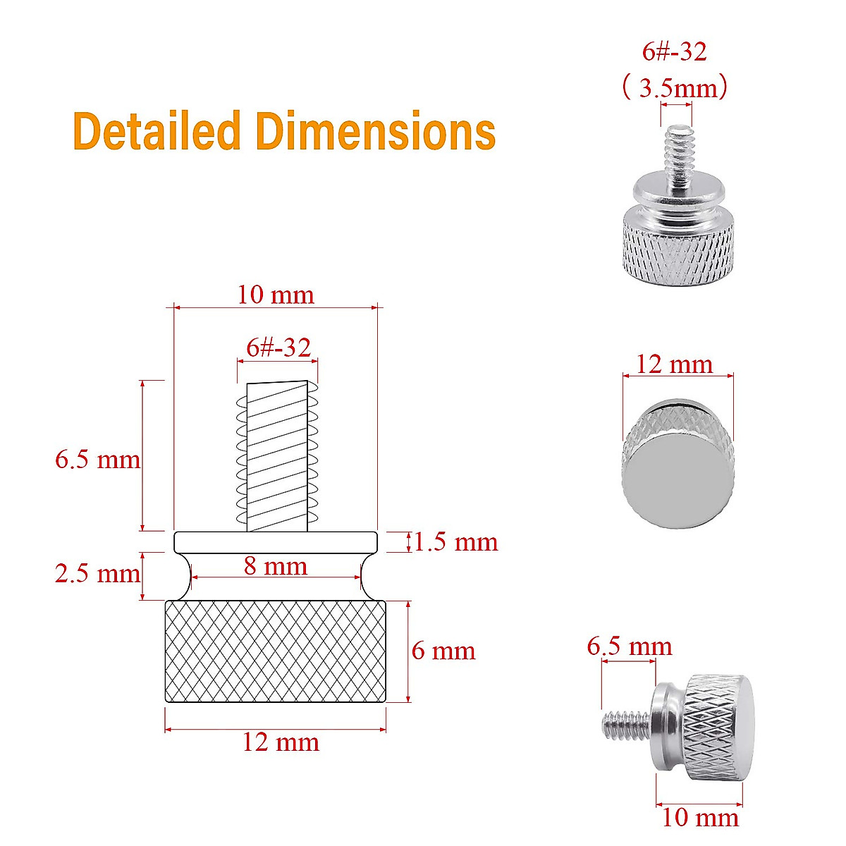 Powlankou 20 Pieces 6#-32 Computer Case Screws, Anodized Aluminum Thumbscrews, Fully Threaded Knurled Thumbscrews, Thumb Screws (Silver)