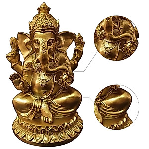 YODOOLTLY Gold Lord Ganesha Statues- Hindu Elephant God Statue Resin Sculpture Indian Ganesh Buddha Figurine Handmade Gift Decoration Ornaments for Home, Garden, Car