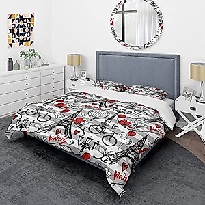 DESIGN ART Designart 'Paris Eiffel Red Hearts II' Mid-Century Duvet Cover Set Twin Cover + 1 sham (Comforter not Included) 2 Piece