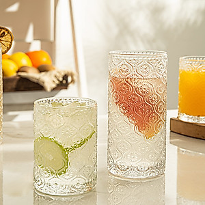POLIDREAM Set of 4 Vintage Embossed Glass Cups | Art Deco Glassware | 2 Tall Crystal Tumblers & 2 Short DOF Glasses | Ideal for Whiskey, Beer, Juice, Water | Perfect for Home, Bars, Parties