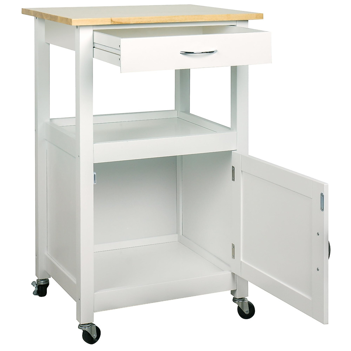 eHemco Kitchen Island Cart on Wheels with Drawer, Storage Cabinet, Shelf and Natural Solid Hardwood Top, White Base