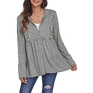 DEESHA Full Zip Up Hoodie for Women Pleated Tiered Ruffle Hooded Sweatshirts Jacket Coat Long Sleeve Black(Grey, 3X-Large)