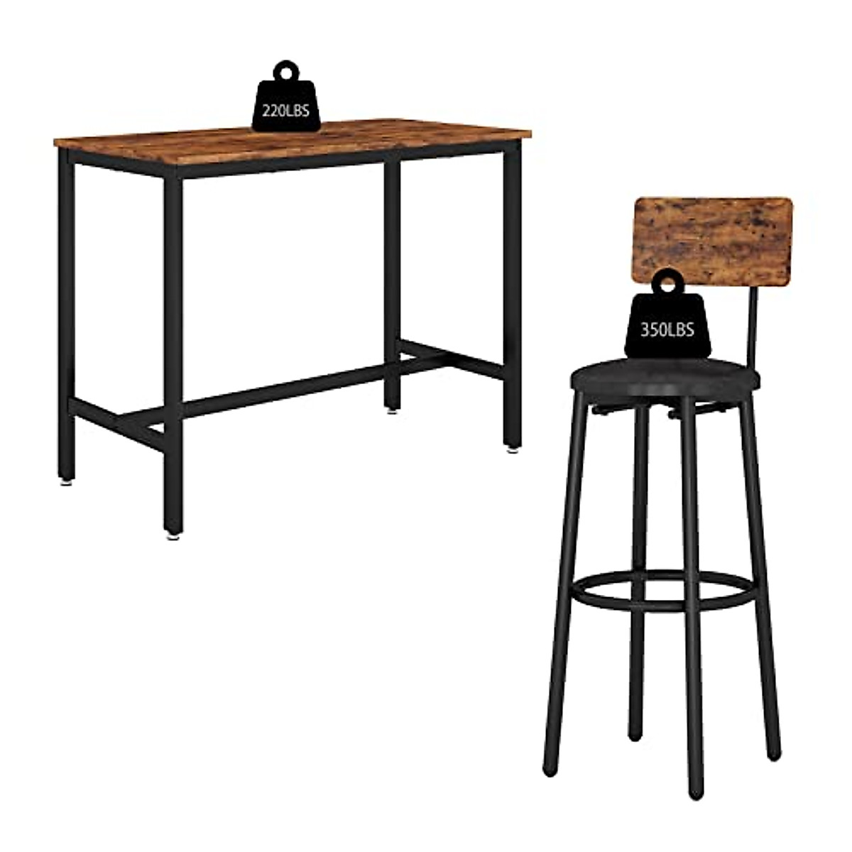 5 Piece Pub Bistro Dining Set, Bar Table Set with 4 PU Bar Stools with Backrest, Industrial Counter Height Dining Table Set for Kitchen Living Room Restaurant Small Space (Rustic Brown-Bar Table Set)