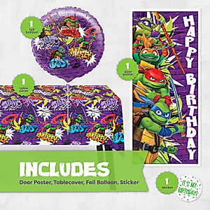 Ninja Turtle Party Decorations | Ninja Turtle Birthday Decorations | Teenage Mutant Ninja Turtles Party Supplies | TMNT | Balloon, Tablecloth, Door Poster, Sticker | Officially Licensed