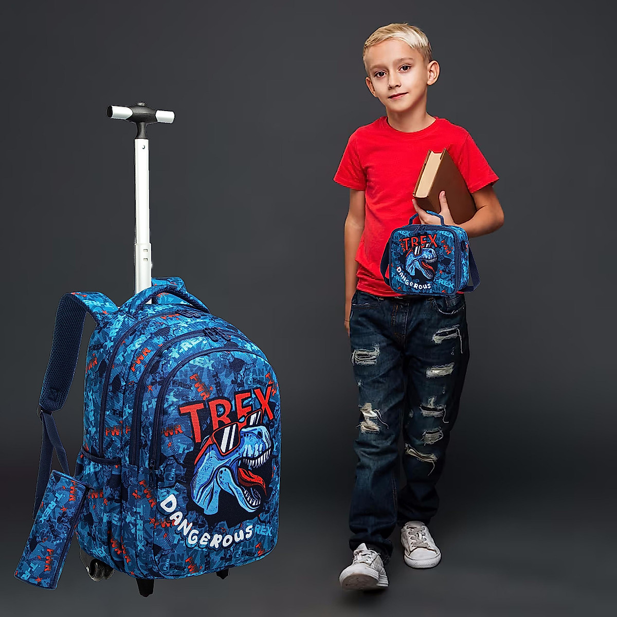 Egchescebo Boys Rolling Backpacks Kids Backpack with Wheels for School Bags Luggage With Wheels Trolley Wheeled Backpacks 3PCS 16“ Dinosaur Travel Bags Boys With Lunch Box Blue