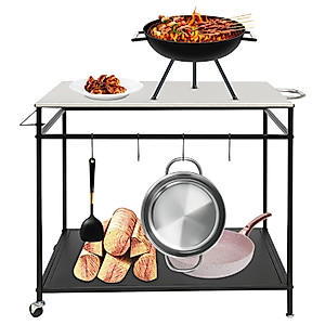 Mobile Double-Shelf Outdoor Grill Cart, Stainless Steel Dining Cart Table with Hooks and Handles, Portable Dining Table for Pizza Oven, Portable Grill Table with Storage Space