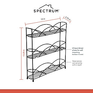 Spectrum Diversified Countertop 3-Tier Rack Kitchen Cabinet Organizer or Optional Wall-Mounted Storage, 3 Spice Shelves, Raised Rubberized Feet, Black