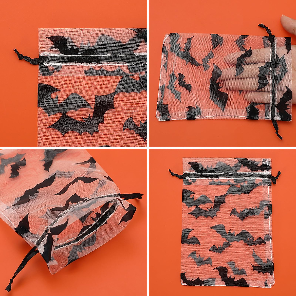 JarThenaAMCS 100Pcs Halloween Organza Drawstring Bags Black Bat Decorative Jewelry Gift Bags Candy Goodie Treat Bags Mesh Bags for Holiday Baby Shower Birthday Party Supplies,4 x 6 Inch