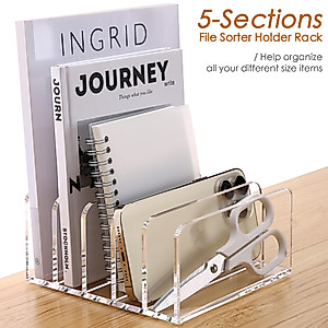 SANRUI Acrylic Desk Organizer, 5 Compartments Mail Organizer,Small File Holders Letter Organizer,Clear Office Organization,Multifunction Sorter Envelope Rack for Office,Home, School